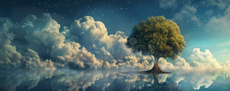 Surreal Landscape with a Tree Reflected on Water Against a Cloud-filled ...