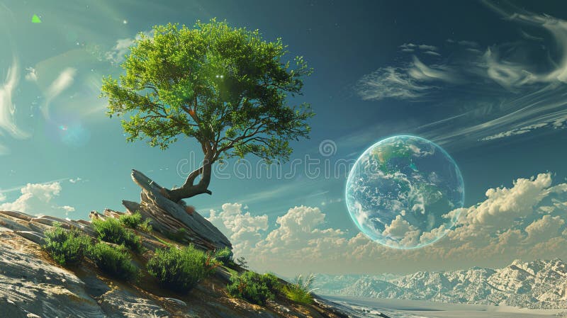 Serene Landscape Digital Art Green Tree on Rock Planet View Fantasy Sky ...