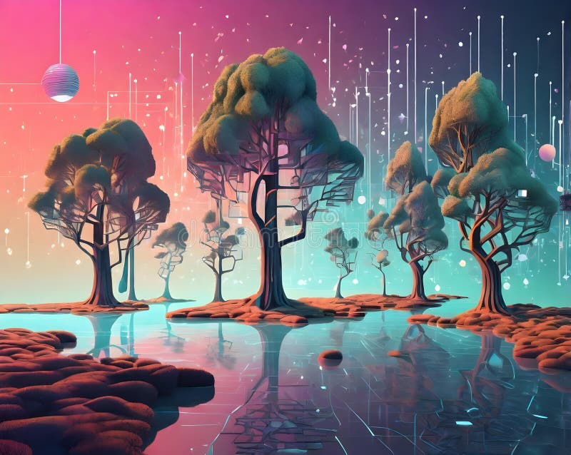 A Surreal Landscape with Trees Featuring Circuit Patterns, Reflecting ...