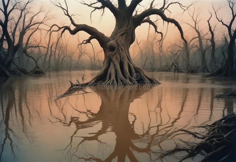 A Surreal Landscape with a Twisted, Gnarled Tree Growing Out of a ...