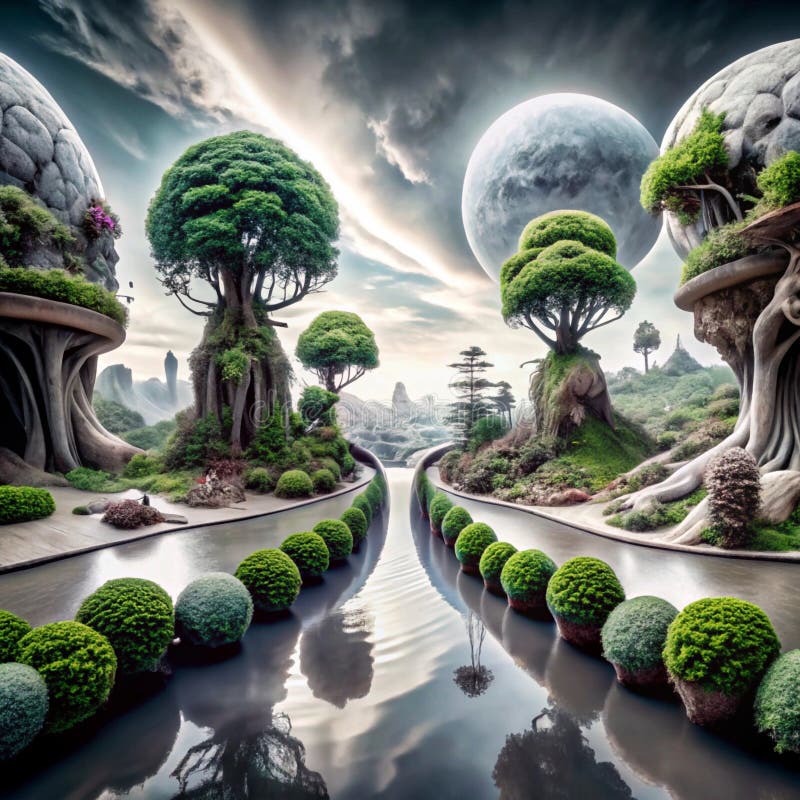 A Surreal Landscape with Two Large, Spherical Trees Growing on a Path ...