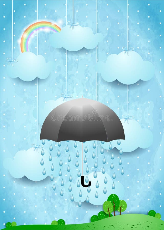 Surreal Landscape with Umbrella and Rain, Vertical Version Stock Vector ...