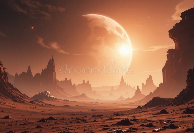 Surreal Landscape Under a Large Moon at Sunset in a Desert Stock ...