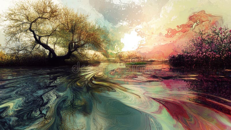 Surreal Landscape with Vibrant Colors and Swirling Patterns Reflecting ...