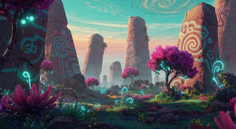 Surreal Landscape with Vibrant Trees and Ancient Stone Formations Under ...