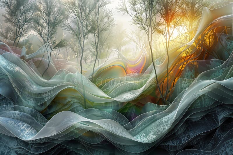 Surreal Landscape with Wavy Forms and Radiant Autumn Colors, Generative ...