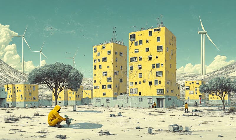A Surreal Landscape of Yellow Buildings and Wind Turbines Stock Image ...