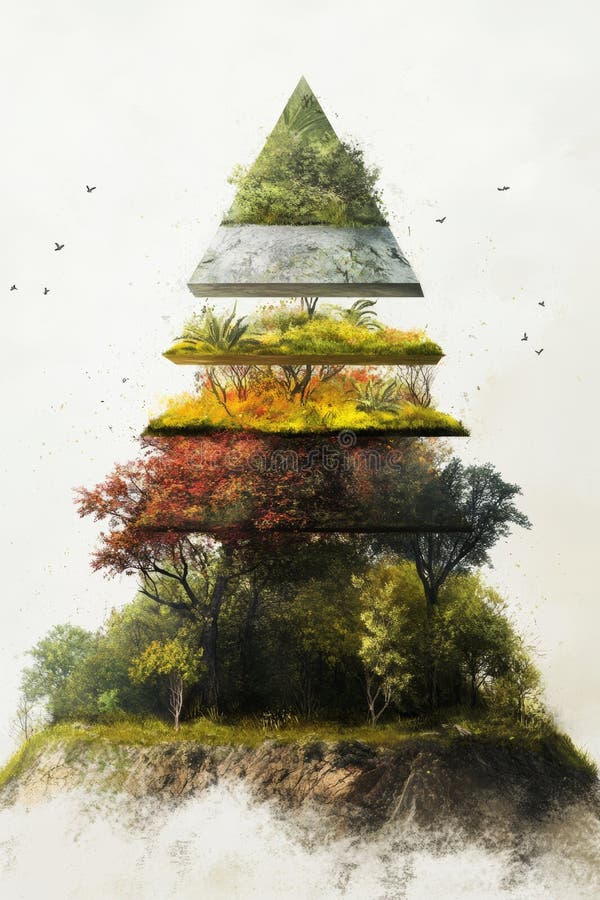 Surreal Layered Landscape with Trees and Triangular Forms Stock ...