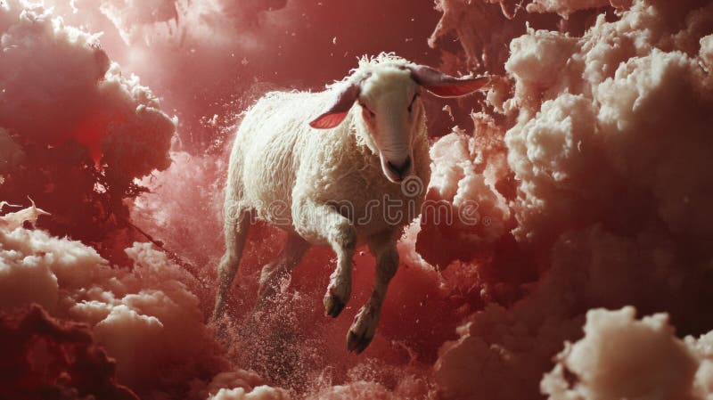 Surreal Leaping Sheep in Fluffy Red Clouds Stock Illustration ...