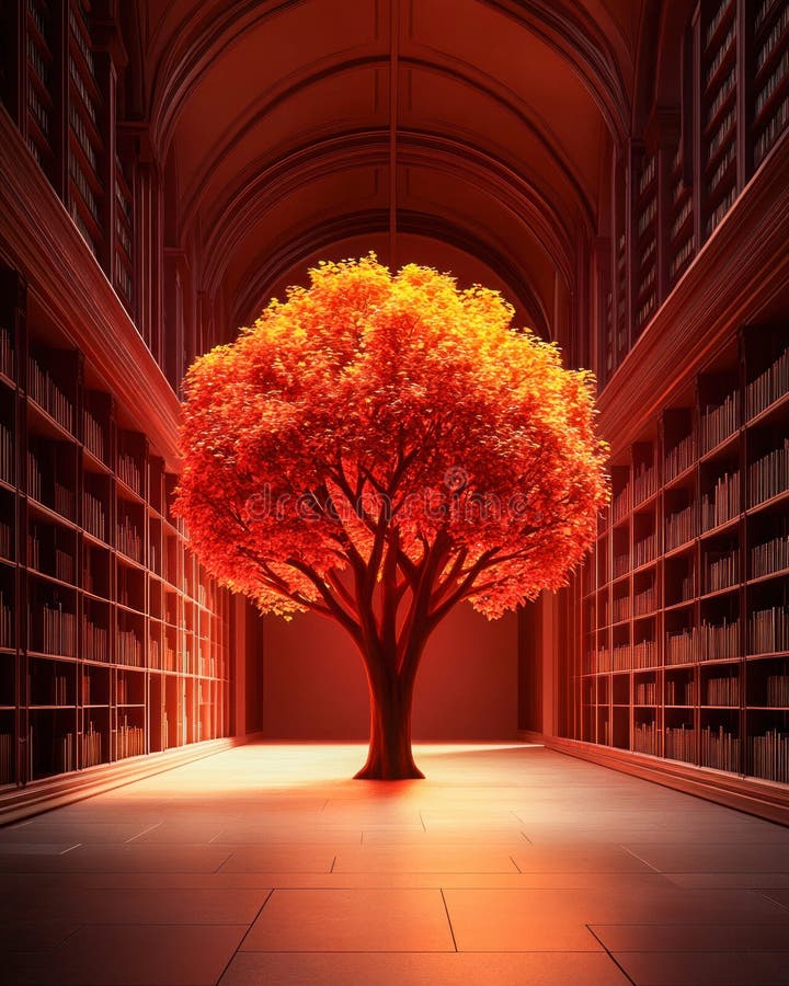 Surreal Library with Majestic Trees Blending Nature and Knowledge Stock ...