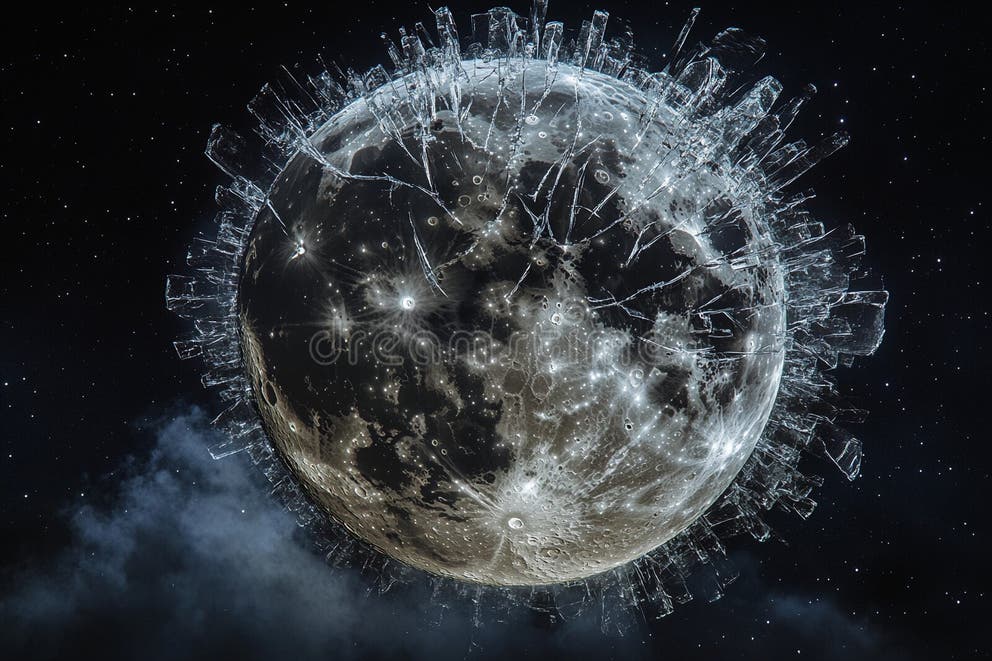 A Surreal Lunar Landscape Featuring a Shattered Moon on a Desolate ...