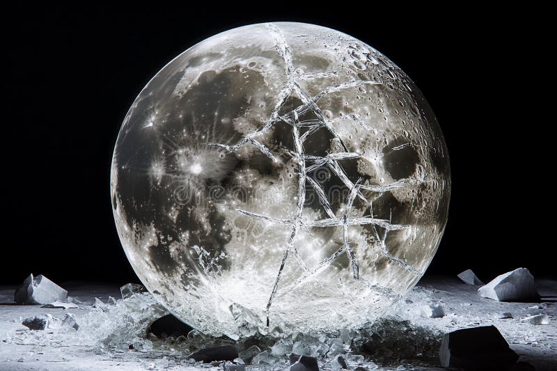 A Surreal Lunar Landscape Featuring a Shattered Moon on a Desolate ...
