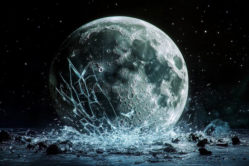 A Surreal Lunar Landscape Featuring a Shattered Moon on a Desolate ...