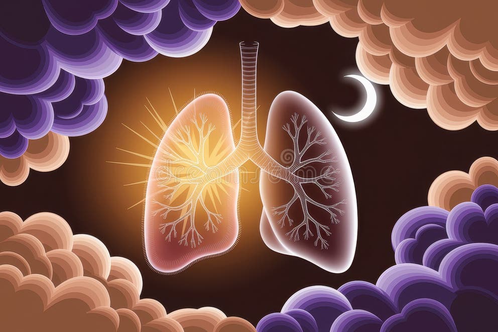 Surreal Lungs Illustration with Clouds and Crescent Moon at Night Stock ...