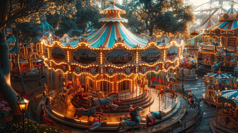 A Surreal Magical Theme Park Funfair with a Lot of Carousel and Games ...