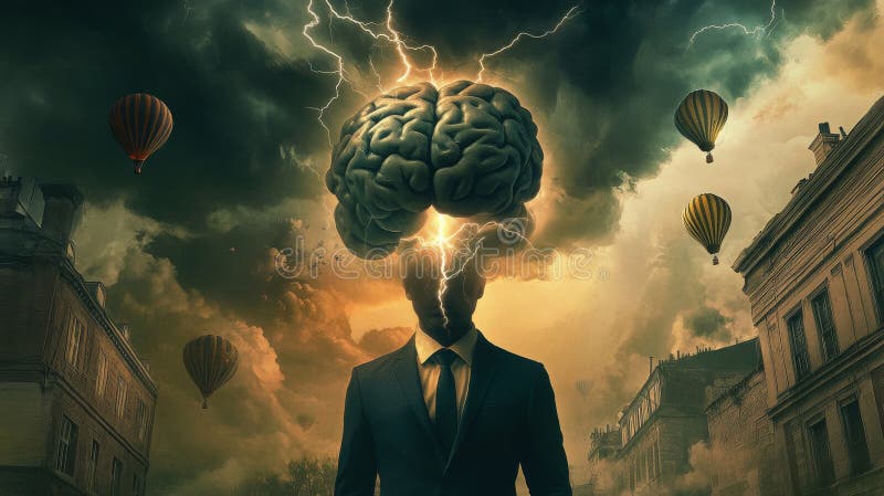 Surreal Man with Brain Storming Under Dramatic Clouds Stock Image ...