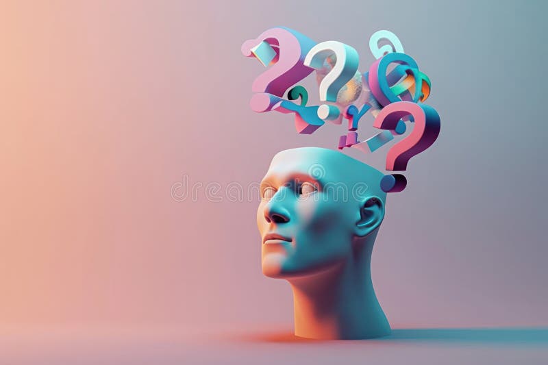 Surreal Mannequin Head with Colorful Question Marks Floating, Concept ...