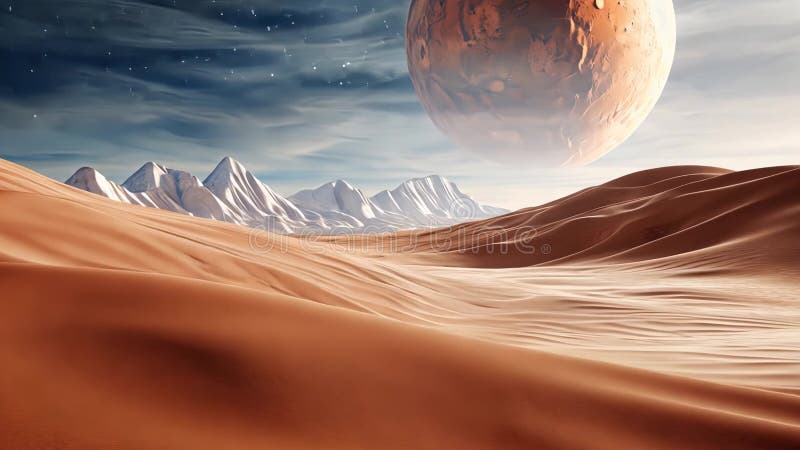 Surreal Mars Landscape with Mountains and Planet Under Starry Night Sky ...