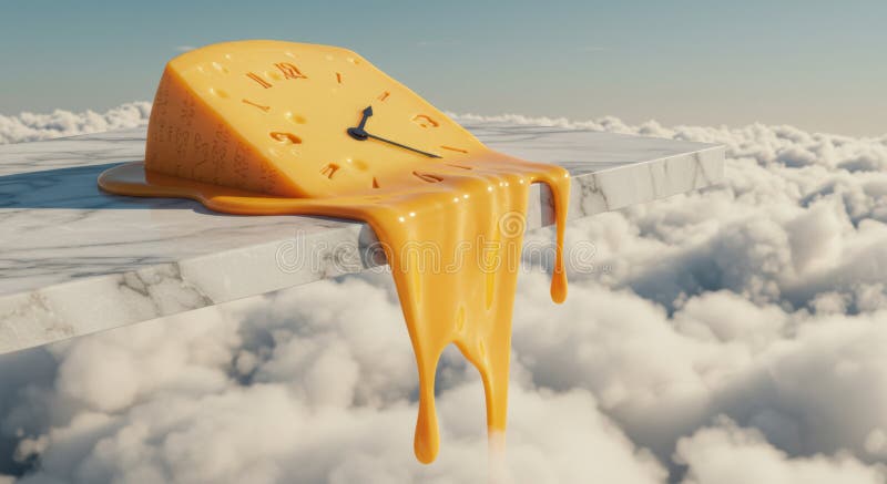 Surreal Melted Clock on Marble Above Clouds Illustrating Time S ...
