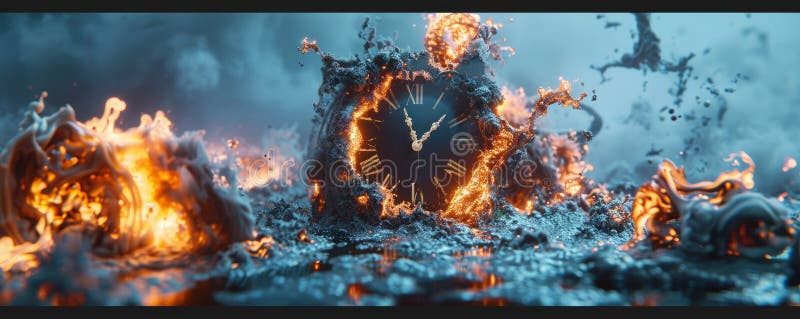 Surreal Melting Clock in Fiery Landscape with Dramatic Lighting and ...