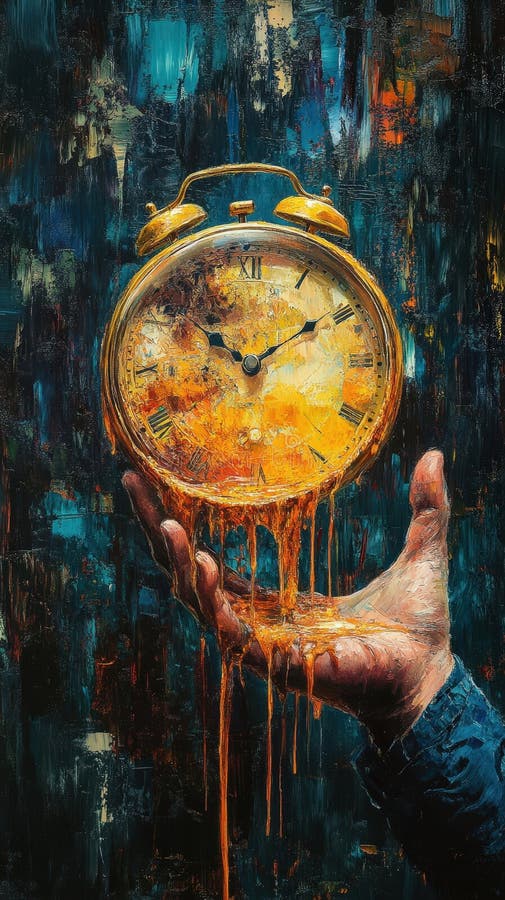 Surreal Melting Clock Held in Hand on Dark Abstract Background Stock ...