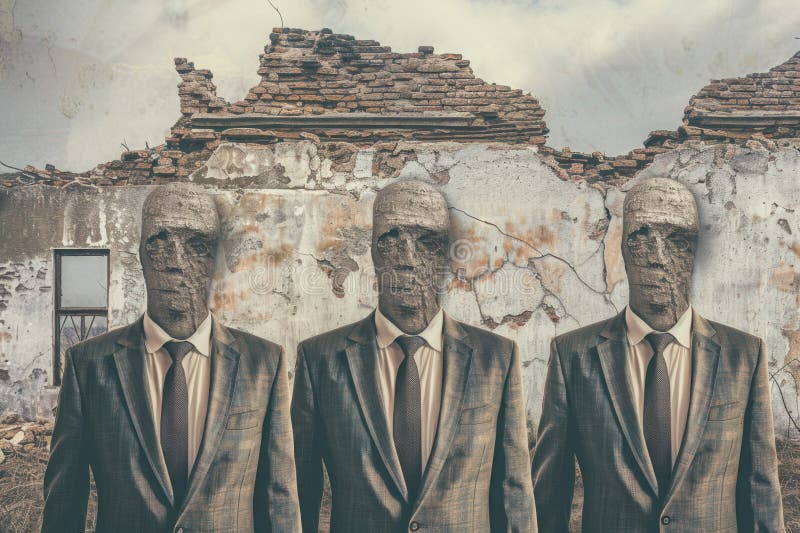Surreal Men in Suits with Stone Faces Standing in Front of Ruins Stock ...