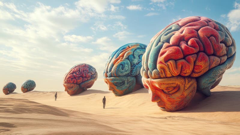 Surreal Mindscape with Giant Human Heads in Desert Landscape Stock ...