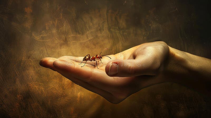 Surreal Mini Ant on a Hand Against a Stark White Background Stock ...