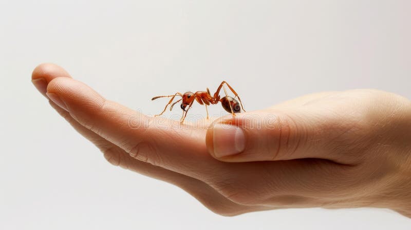 Surreal Mini Ant on a Hand Against a Stark White Background Stock ...