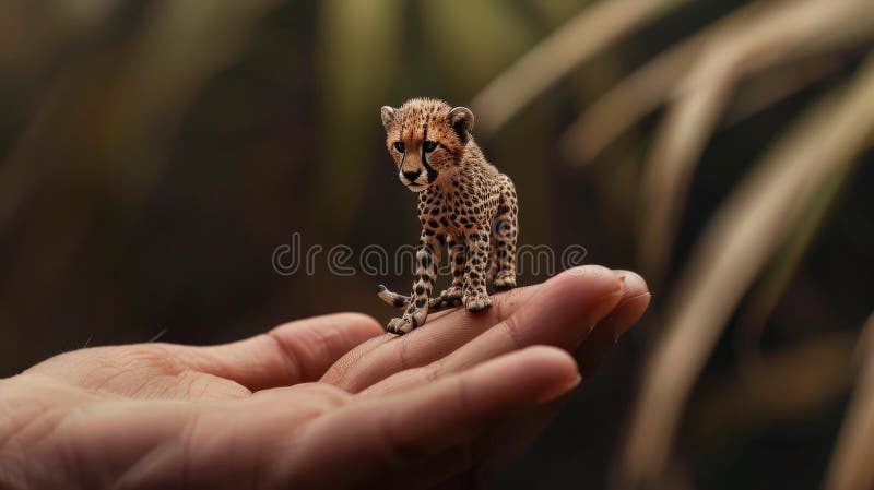 A Surreal Miniature Cheetah Sits Gracefully Atop a Human Hand Stock ...