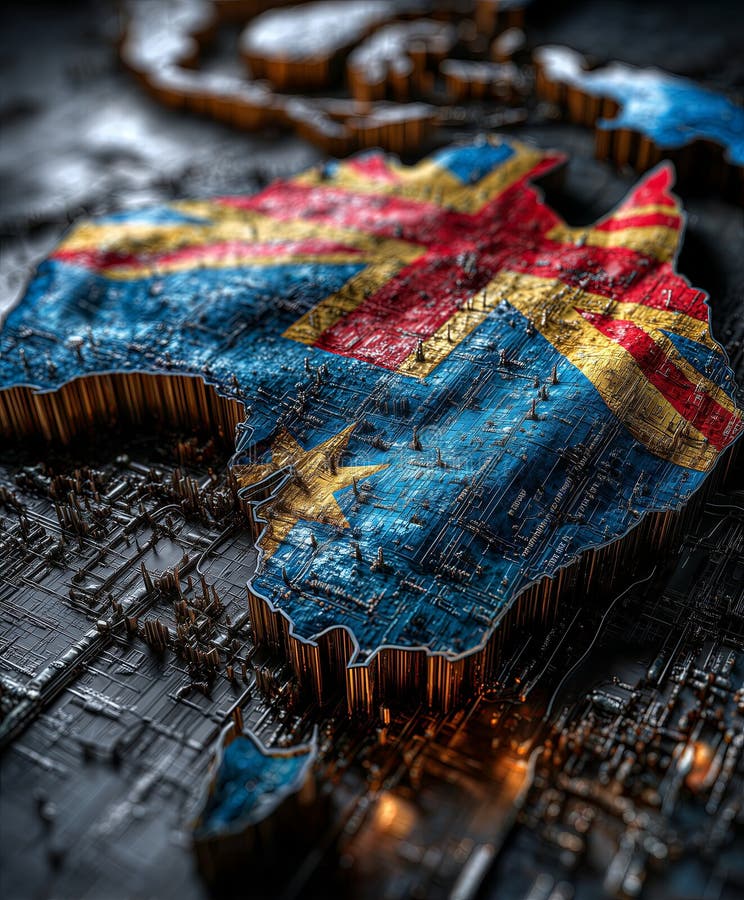 A Surreal, Miniature Landscape with Australia Map and Flag, Bordered by ...