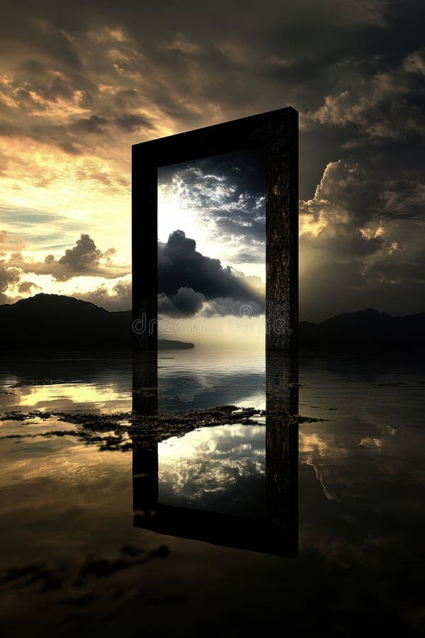 Surreal Mirror Gateway Reflecting Sky between Day and Night on Water ...