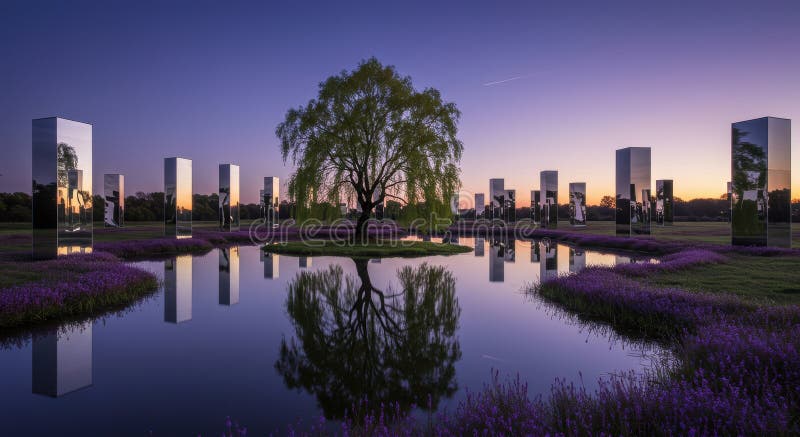 Surreal Mirror Landscape with Tree Reflection in Tranquil Lavender ...