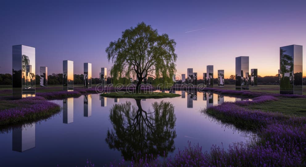 Surreal Mirror Landscape with Tree Reflection in Tranquil Lavender ...