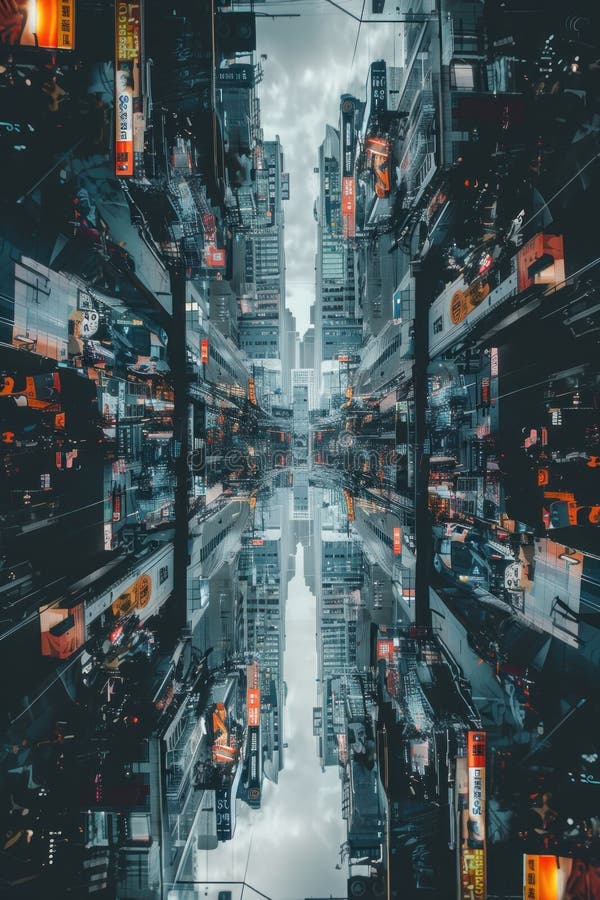 A Surreal, Mirrored Cityscape with Buildings Stretching Towards the Sky ...