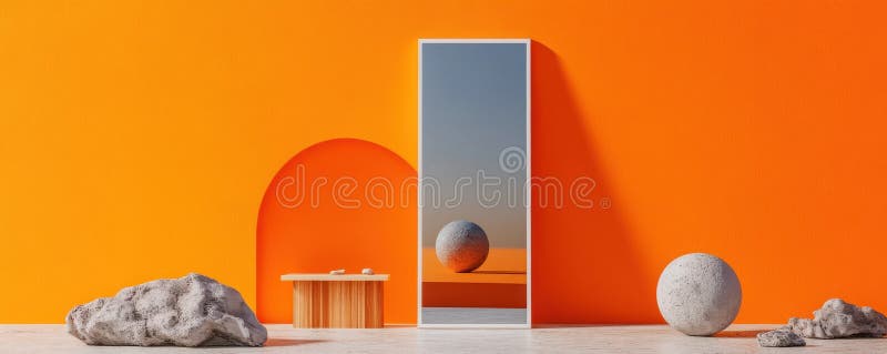 Surreal Mirrored Landscape with Abstract Orange Background Elements ...