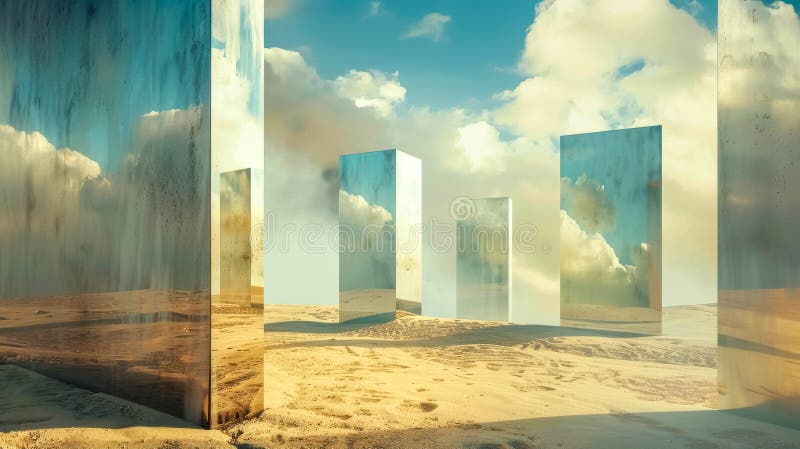 Surreal Mirrors in Desert Landscape Stock Photo - Image of scene ...