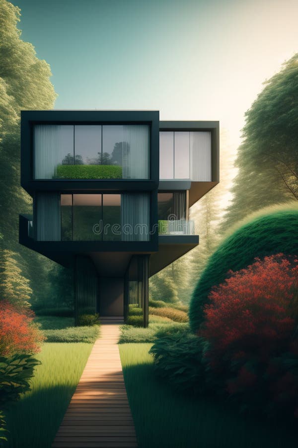Surreal Modern House, Lots of Greenery and Flowers Stock Illustration ...