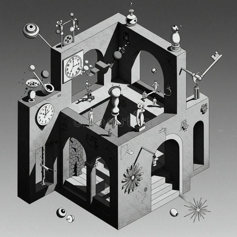 Surreal, Monochromatic Illustration Features an Escher-like Structure ...