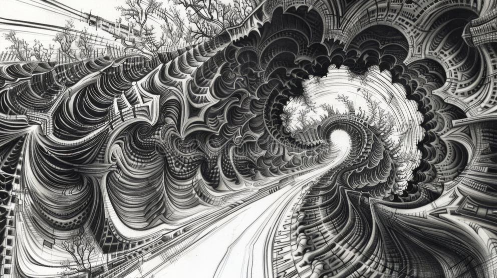 Surreal Monochrome Vortex Drawing with Hypnotic Patterns Stock Photo ...