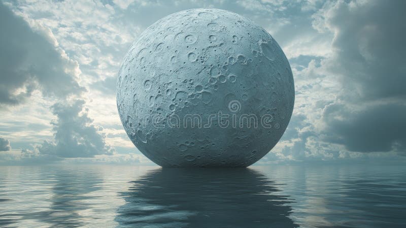 Surreal Moon Rising from the Ocean with Cloudy Sky Stock Photo - Image ...