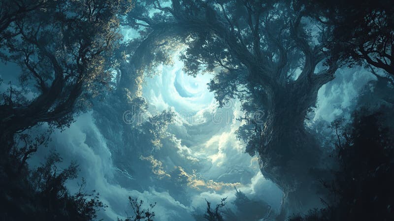 Surreal Moonlit Forest Scene with Swirling Clouds and Large Trees Stock ...