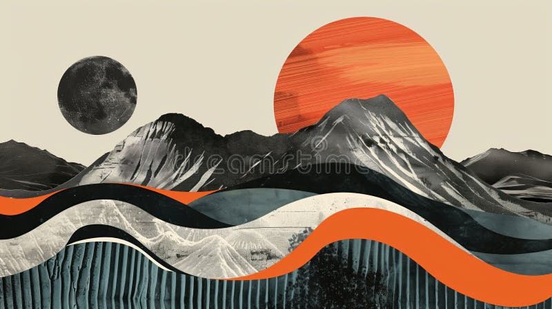 Surreal Mountain Landscape with Abstract Sun and Moon in a Modern Art ...