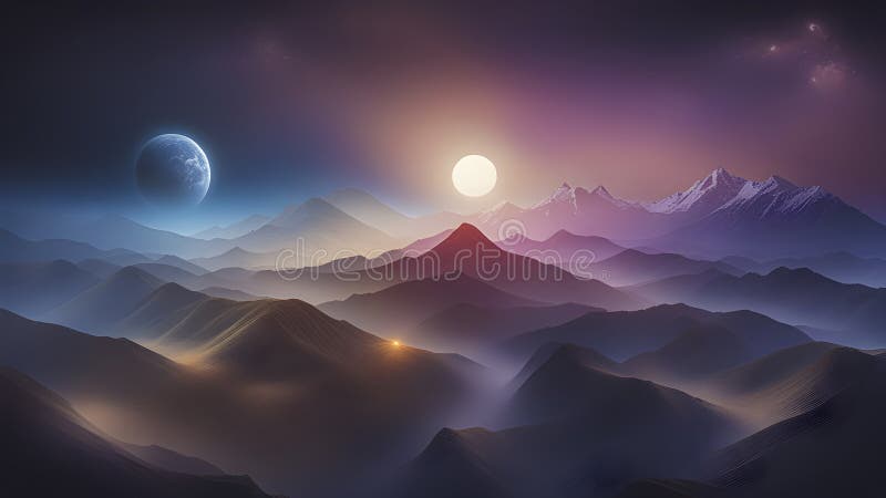 Surreal Mountain Landscape with Dual Planets Stock Illustration ...