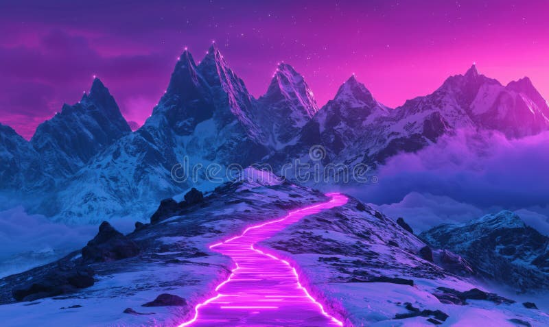 Surreal Mountain Landscape with Glowing Pink Pathway Under Starry Sky ...