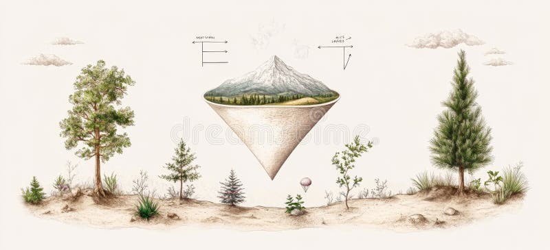 Surreal Mountain Landscape and Inverted Cone with Forest and Trees ...
