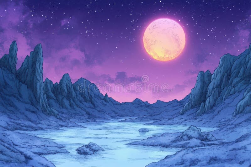 Surreal Mountain Landscape Under a Vibrant Pink Moon with a Starry Sky ...