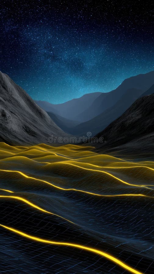 Surreal Mountain Valley Landscape with Glowing Grid Underneath Night ...