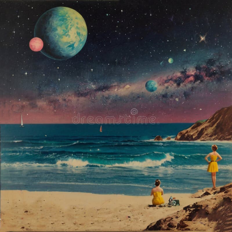 Surreal Multi-Planet Landscape Over Ocean Horizon Stock Photo - Image ...