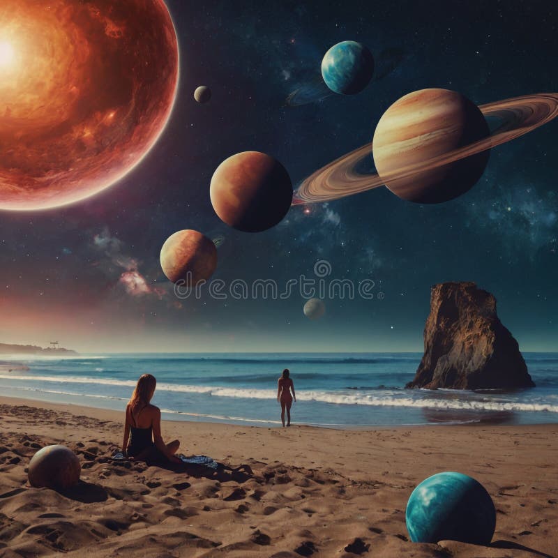 Surreal Multi-Planet Landscape Over Ocean Horizon Stock Illustration ...